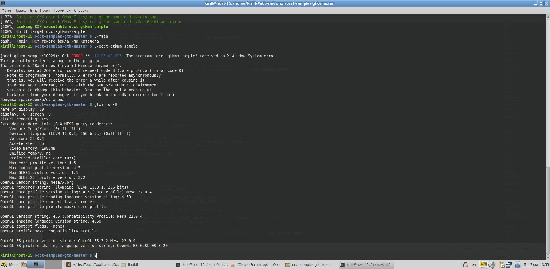 After inserting a video card a gtkmm application crashes with BadWindow (X Window System error ...